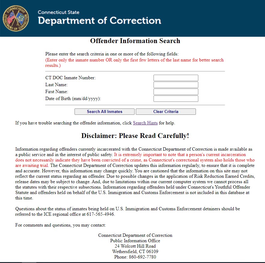 Connecticut Department of Corrections Inmate Search Instructions