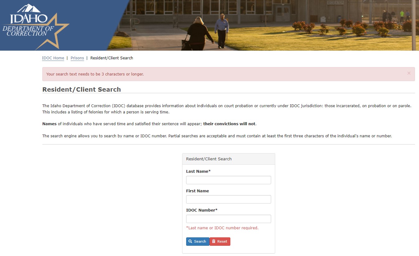 Idaho Department of Corrections Inmate Search Instructions