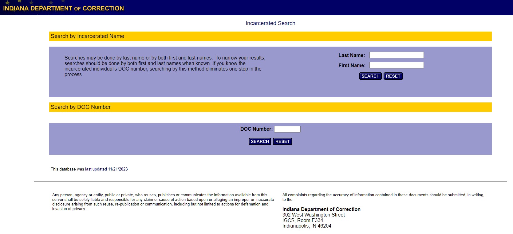 Indiana Department of Corrections Inmate Search Instructions