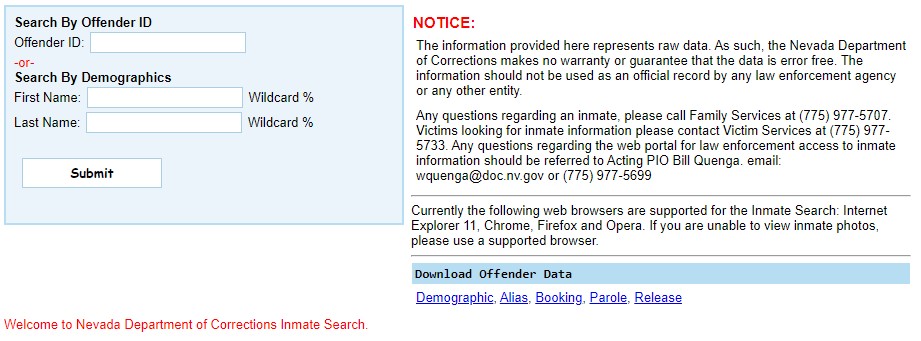 Nevada Department of Corrections Inmate Search Instructions