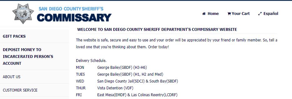 San Diego Vista Detention Facility, CA Inmate Commissary