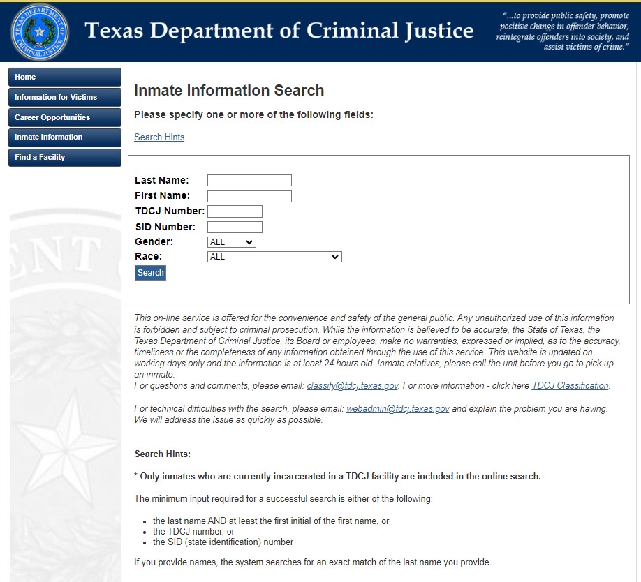 Texas Department of Corrections Inmate Search Instructions