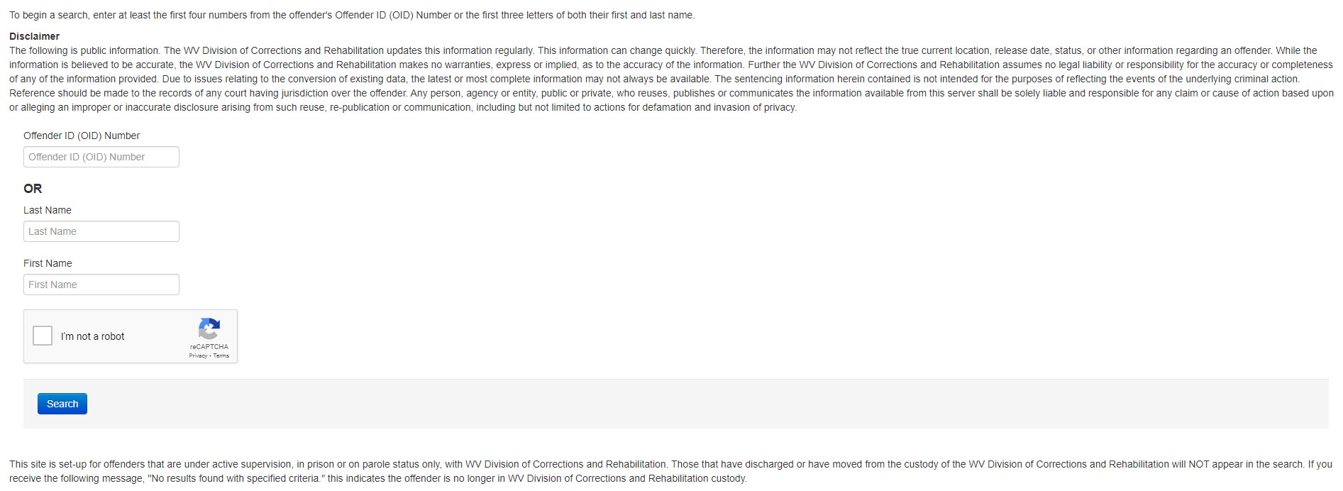 West Virginia Department of Corrections Inmate Search Instructions